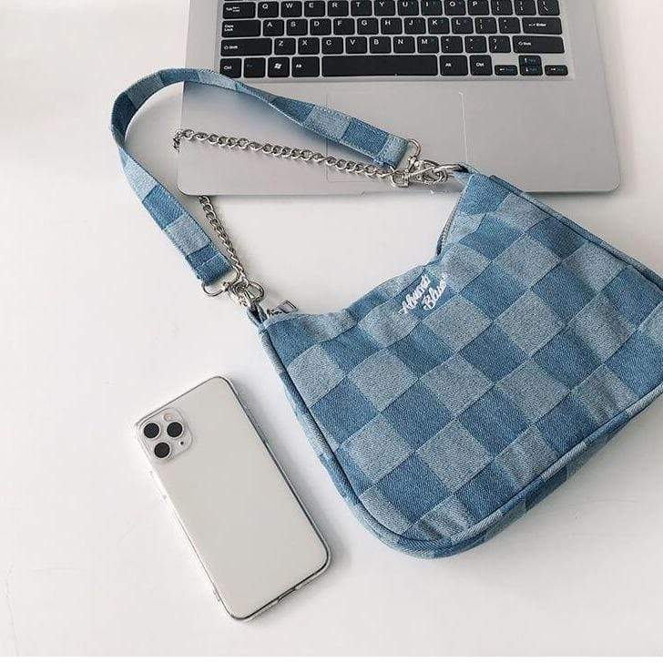 Checkered Denim Bag | White Tanuki