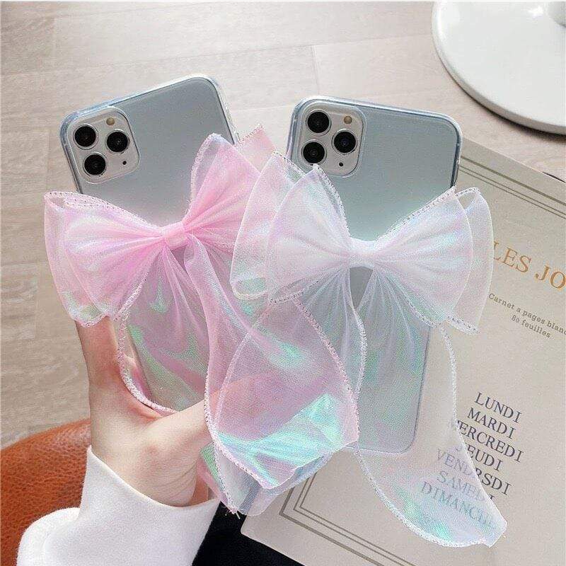 Iridescent Bow Phone Case | White Tanuki